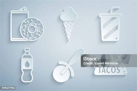 피자 나이프 물 유리 타코 토르티야 와플 콘에 담긴 아이스크림 알루미늄 캔 소다와 도넛 아이콘을 설정합니다 벡터 자르기에 대한 스톡 벡터 아트 및 기타 이미지 Istock