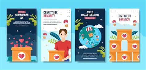 세계 인도주의의 날 소셜 미디어 이야기 만화 손으로 그린 템플릿 배경 그림 프리미엄 벡터