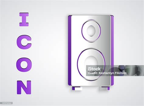 회색 배경에 격리 된 종이 절단 스테레오 스피커 아이콘 사운드 시스템 스피커 음악 아이콘입니다 음악 기둥 스피커베이스 장비 종이 아트 스타일 벡터 3차원 형태에 대한 스톡