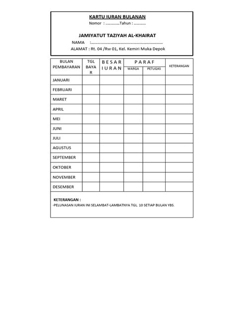 Kartu Iuran Bulanan Template Pdf