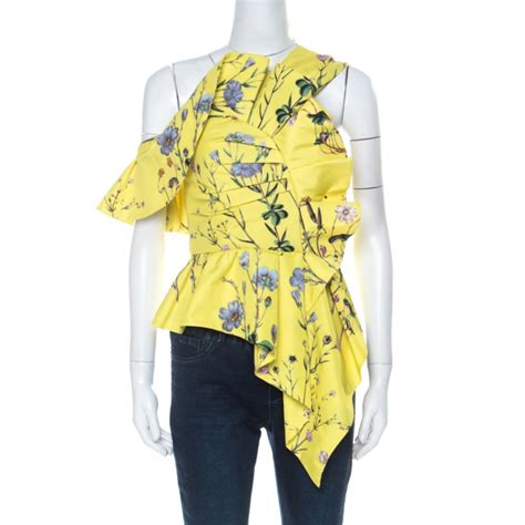 Self Portrait Yellow Floral Print Crepe Asymmetric Peplum Top S Self