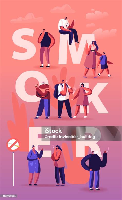 흡연자 와 흡연 중독 개념 젊은이와 노인은 공공 장소에서 담배와 파이프를 연기 남성 및 여성 캐릭터 나쁜 습관 포스터 배너