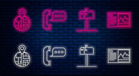 설정 회선 전화 와 음성 거품 채팅 열기 메일 상자 관점과 엽서지도 종이에 자리 표시자 벽돌 벽에 빛나는 네온 아이콘입니다 벡터