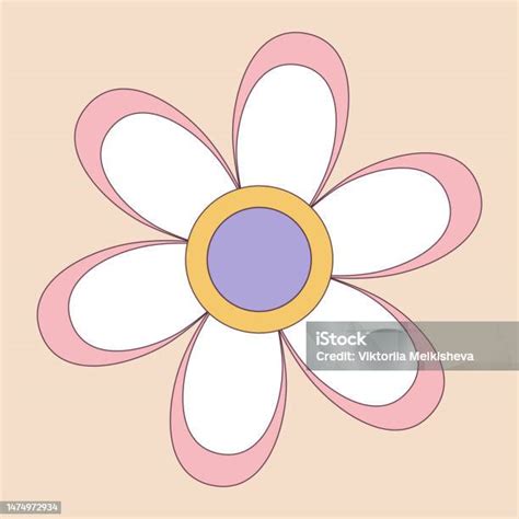 레트로 70년대 그루비 히피 스티커 데이지 꽃 사이키델릭 만화 요소 빈티지 히피 스타일의 펑키 일러스트레이션 배너 전단지 초대장 카드에 대 한 벡터 평면 그림입니다 1970