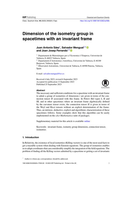 Dimension Of The Isometry Group In Spacetimes With An Invariant Frame Request Pdf