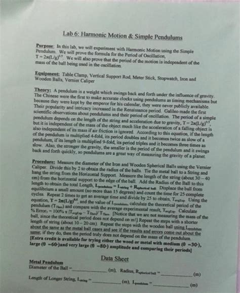 Solved Lab 6 Harmonic Motion Simple Pendulums Purpose Chegg Com