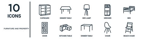 가구 및 재산 개요 아이콘 세트에는 얇은 선 찬장 침대 램프 침대 식탁 의자 해변 의자 보고서 프리젠 테이션 다이어그램 웹