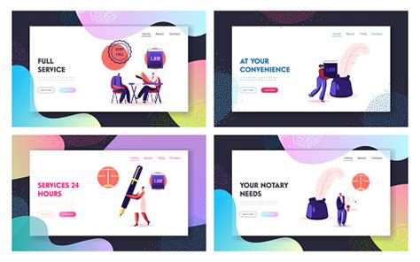 공증인 문서 승인 변호사 전문 서비스 방문 페이지 템플릿 세트 피플 캐릭터는 서명 및 합법화 문서에 대한 변호사 공무원을 방문합니다 만화 벡터 일러스트레이션 개념에 대한