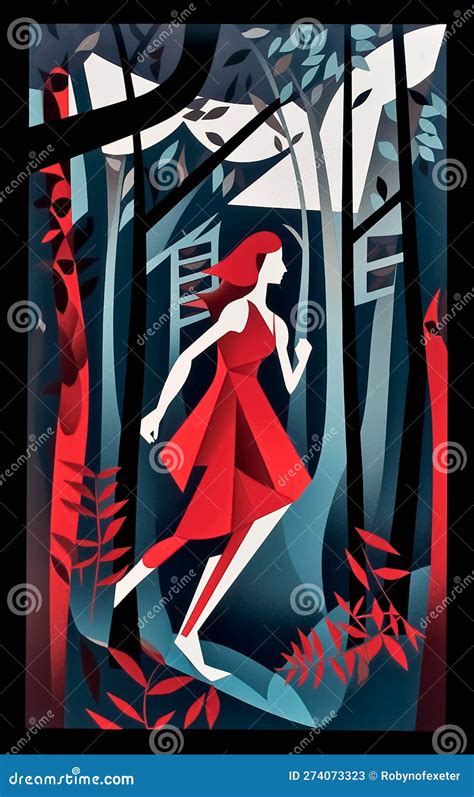 Woman In A Red Dress Runs Through The Forest At Night Cubist Screen Print Style Generative Ai