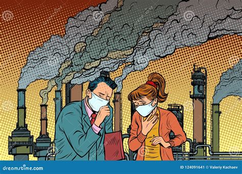 Man And Woman In A Medical Mask Suffocating From Industrial Smok Stock