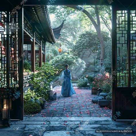 Ai创作图古风拍照场景 中国风庭院 园林长廊中式 庭院风新中式婚礼小景 中国风橱窗长廊 中式庭院回廊 古典园林中式长廊 中式园林唐诗宋词元曲