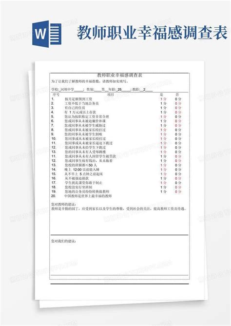 教师职业幸福感调查表 Word模板下载编号lwnmwdnb熊猫办公