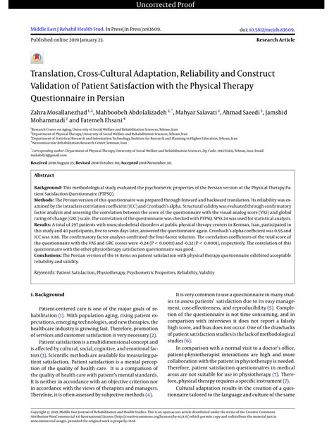Pdf Translation Cross Cultural Adaptation Reliability And Construct Validation Of Patient