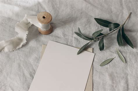 여름 결혼식 문구류 데스크톱 모형 장면 빈 홍당무 핑크 인사말 카드 올리브 가지가있는 공예 봉투 실크 리본 린넨 테이블 천 배경 플랫 레이 상단보기 지중해 디자인 리넨에