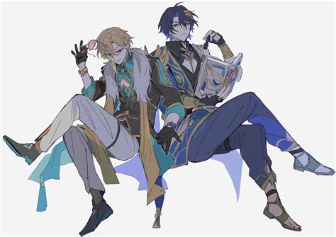 Safebooru 2boys Aqua Shirt Aventurine Honkai Star Rail Black