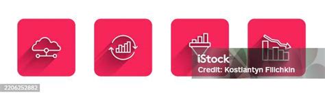 라인 설정 네트워크 클라우드 연결 파이 차트 인포그래픽 판매 퍼널 및 긴 그림자로 재무 성장 감소 빨간색 사각형 버튼 벡터 0명에 대한 스톡 벡터 아트 및 기타 이미지