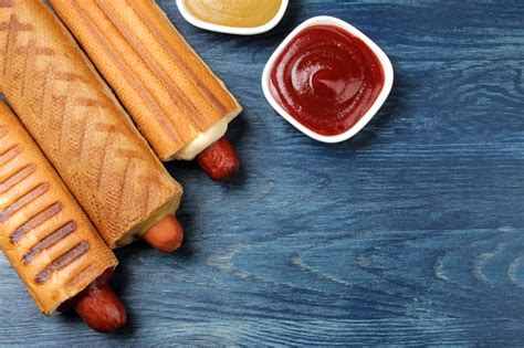 프렌치 핫도그 보드에 맛있는 핫도그와 파란색 나무 테이블에 소스 패스트 푸드 길거리 음식 롤빵에 소시지 맨 위 보기 0명에 대한 스톡 사진 및 기타 이미지 Istock