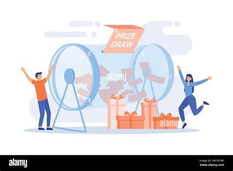 Lucky Tiny People Turning Raffle Drum With Tickets And Winning Prize T Boxes Prize Draw