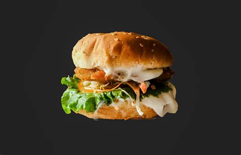 토마토 치즈 그린 양상추 양파 샐러드를 검은 색 배경에 고립된 신선한 고환 버거 선택적 초점 감자 요리에 대한 스톡 사진 및 기타 이미지 Istock