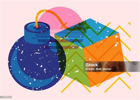 기하학적 모양의 리소 그래프 폭탄 트렌디한 리소 그래프 디자인의 오브제 기하학 요소 추상화 인쇄 질감 스타일 개념에 대한 스톡 벡터 아트 및 기타 이미지 Istock