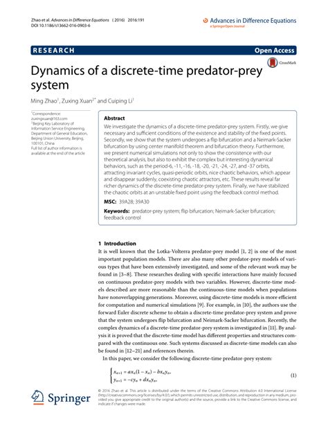 Pdf Dynamics Of A Discrete Time Predator Prey System