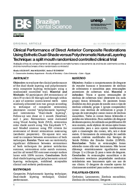 Pdf Clinical Performance Of Direct Anterior Composite Restorations Using Esthetic Dual Shade