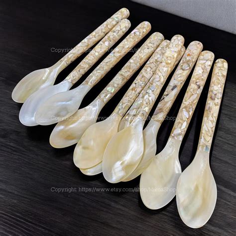 Mother Of Pearl Spoon Engraved Shell Utensil Ideal For Gray Or Black
