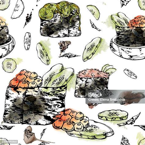 전통 일본 음식 생선 연어 참치 게 김 김 캐비어 오이 츄카 수채화 잉크를 곁들인 군칸 스시 부엌 레스토랑 카페 메뉴 조리법 책에 대한 원활한 패턴 0명에 대한 스톡 벡터