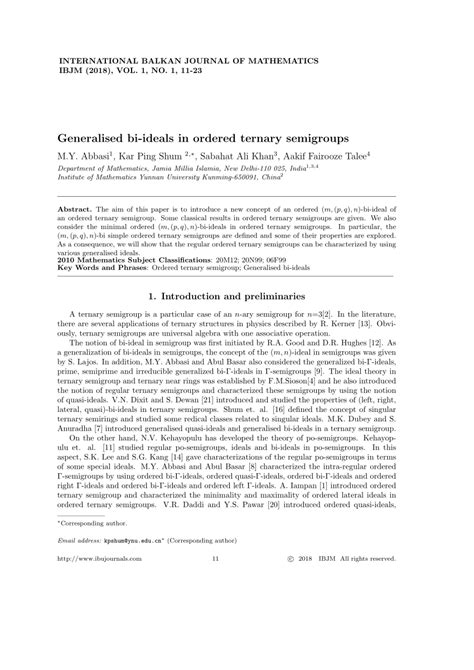 Pdf Generalised Bi Ideals In Ordered Ternary Semigroups