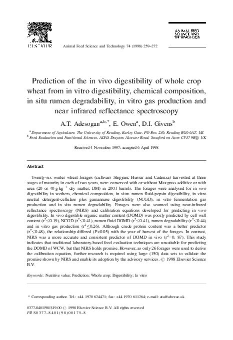 Pdf Prediction Of The In Vivo Digestibility Of Whole Crop Wheat From In Vitro Digestibility