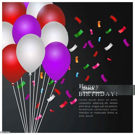 행복 한 생일 인쇄 술 벡터 인사말 카드와 풍선와 색종이 포스터 디자인 생일 축 하 디자인 서식 파일입니다 검정색 배경 0명에 대한 스톡 벡터 아트 및 기타 이미지 Istock