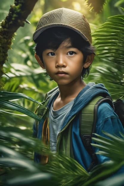 Premium AI Image Adventurous Boy Explores Enchanting Jungle Generative Ai