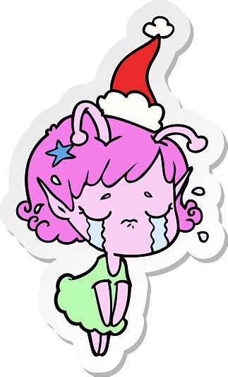 산타 모자를 쓰고 우는 외계인 소녀의 손으로 그린 스티커 만화 낙서 드로잉에 대한 스톡 벡터 아트 및 기타 이미지 낙서 드로잉 데칼 등장인물 Istock