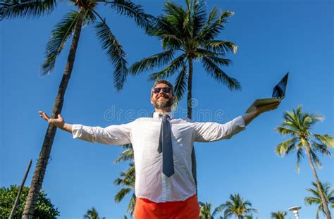 Businessman On Summer Online Freelance Work Successful Businessman Worker With Laptop Stock