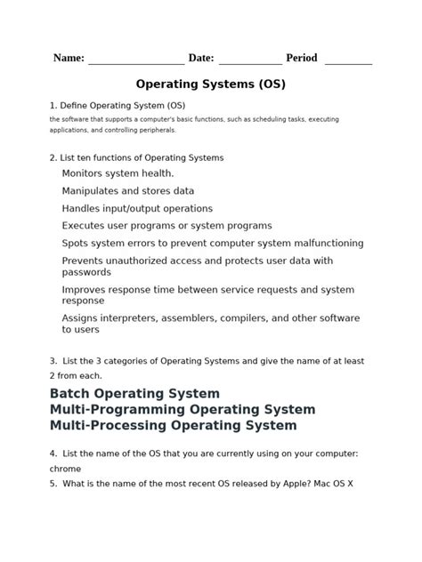 Operating System Worksheet Operating System Worksheet Pdf
