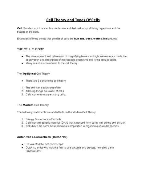 Cell Theory And Types Of Cells Notes Cell Theory And Types Of Cells Cell Smallest Unit That