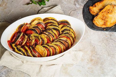 나무 테이블에 있는 고전적인 프랑스 라따뚜이 야채와 빵 프리미엄 사진