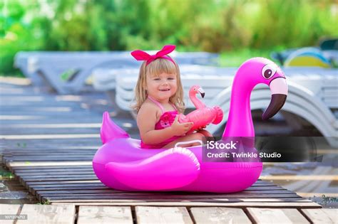 핑크 플라밍고 해변에 여자 아기 입고 세련 된 수영 착용 나무 바닥에 포즈 웃 고 귀여운 여자의 바다 측에 휴가 장면 인생을 즐길 시간 유년기 초기 Health에 대한 스톡