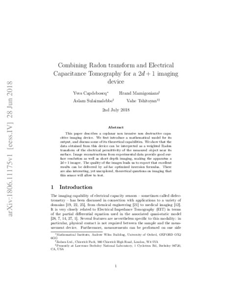 Pdf Combining Radon Transform And Electrical Capacitance Tomography For A 2 D 1 Imaging