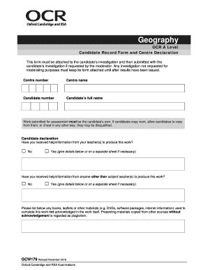 Fillable Online Candidate Record Form And Centre Declaration OCR Fax Email Print PdfFiller