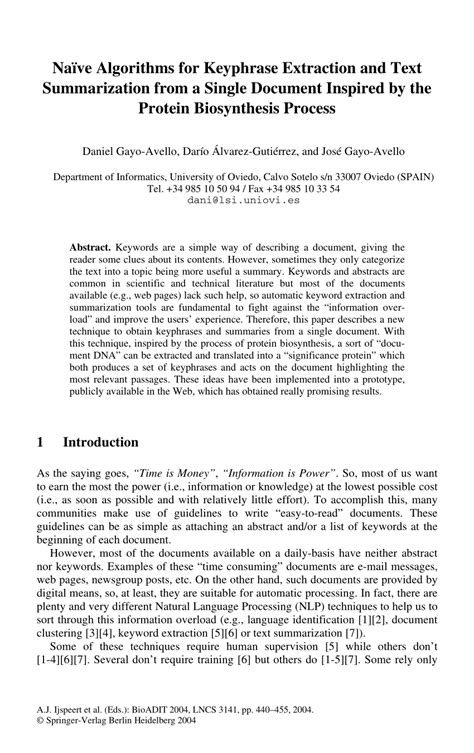 PDF Naïve Algorithms for Keyphrase Extraction and Text Summarization from a Single Document