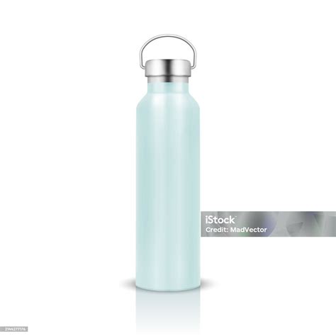 벡터 현실적인 3d 블루 컬러 금속 또는 플라스틱 빈 광택 재사용 가능한 물병 흰색 배경에 고립 된 실버 마개 근접 촬영 포장 모형의 디자인 템플릿입니다 앞 View 3차원
