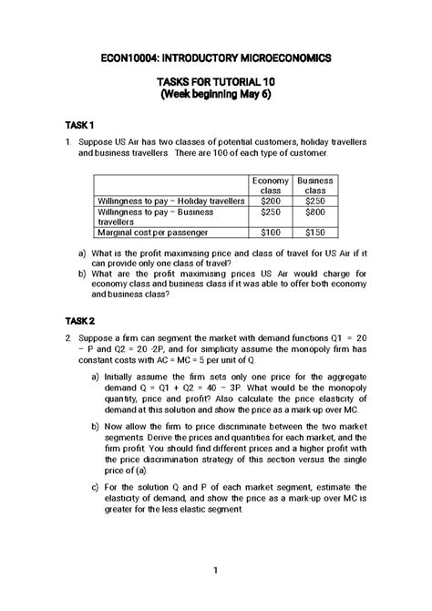 Week 10 Tutorial Questions 397761804 1 Econ10004 Introductory Microeconomics Tasks For