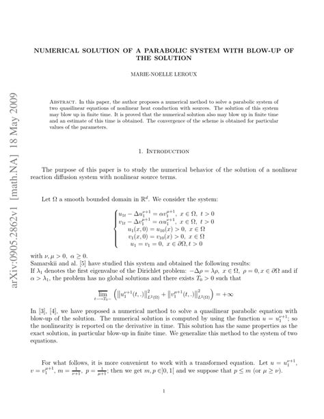 Pdf Numerical Solution Of A Parabolic System With Blowup Of The Solution