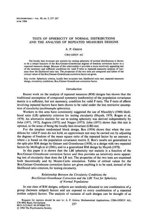 Pdf Test Of Sphericity Of Normal Distributions And The Analysis Of Repeated Measures Designs