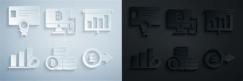 암호 화폐 동전 비트 코인 일정 차트 다이어그램 인포 그래픽 파이 그래프 동전 돈 파운드 스털링 기호 컴퓨터 모니터 휴대 전화 및 비트 코인 및 인증서 템플릿 아이콘을