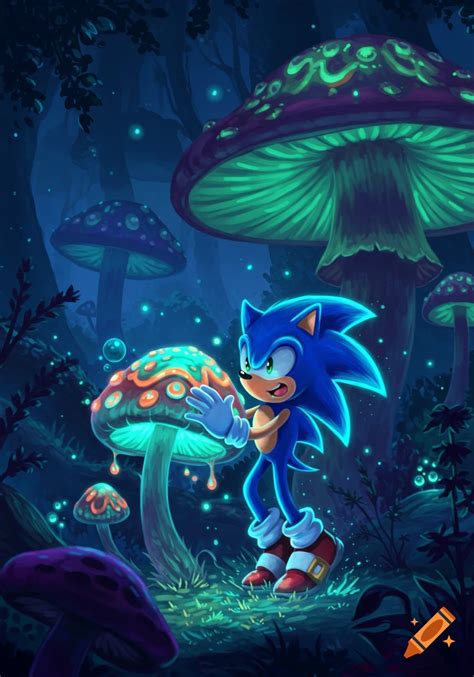 Sonic The Hedgehog Reaching For A Glowing Mushroom In A Dark