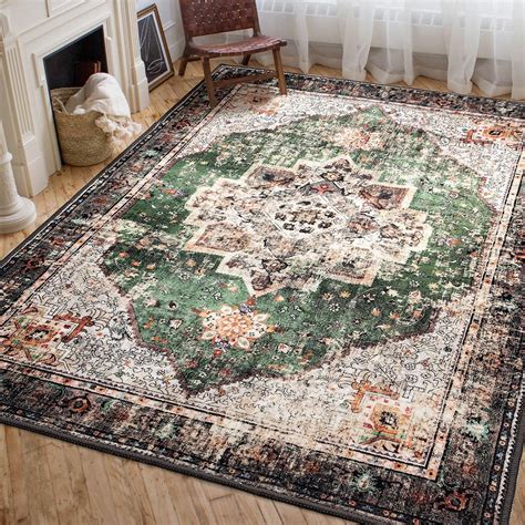 Yesrug Area Rug 5x7 For Living Room Green Boho Rug Non Slip Washable