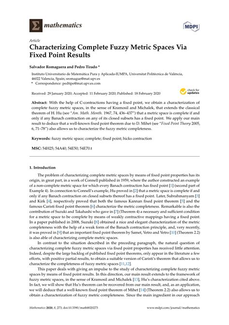 Pdf Characterizing Complete Fuzzy Metric Spaces Via Fixed Point Results