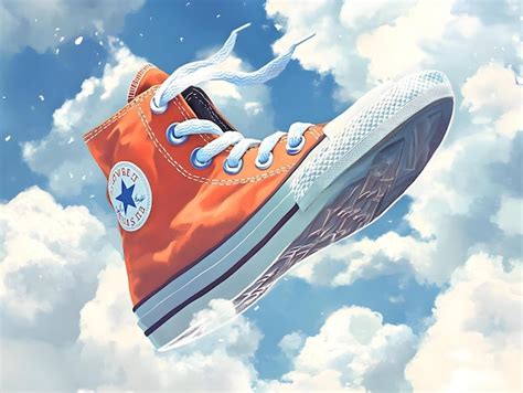 A Pair Of Converse Shoes Is Flying In The Sky With Clouds In Premium